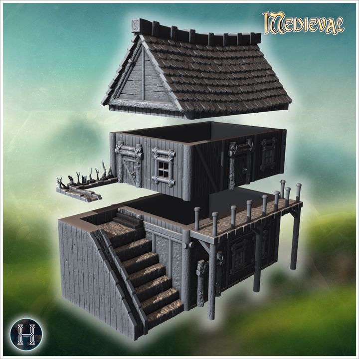 3D Printable Medieval wooden house with stone foundation, detailed ...