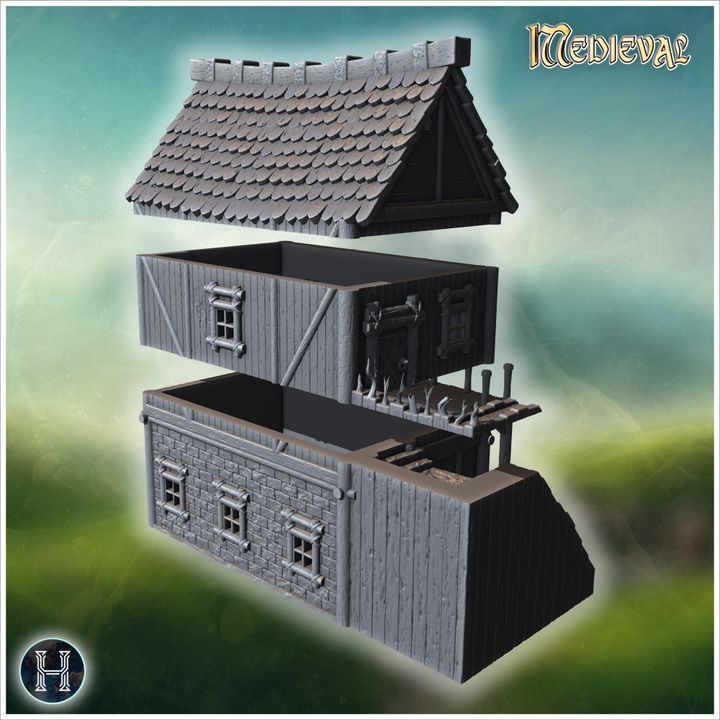 3D Printable Medieval wooden house with stone foundation, detailed ...