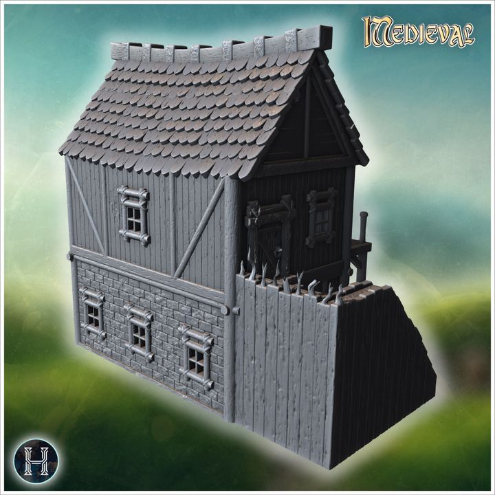3D Printable Medieval wooden house with stone foundation, detailed ...