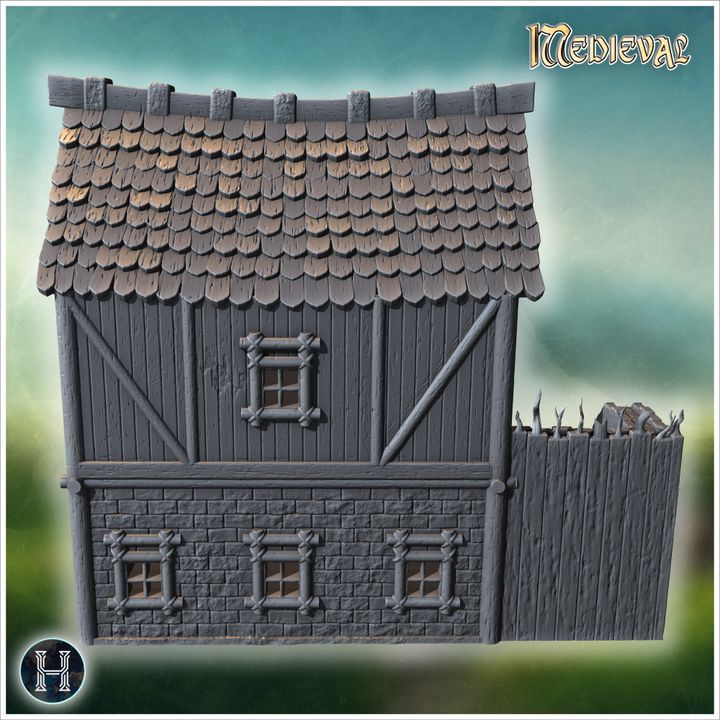 3D Printable Medieval wooden house with stone foundation, detailed ...