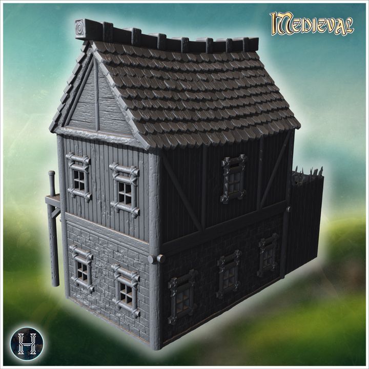 3D Printable Medieval wooden house with stone foundation, detailed ...