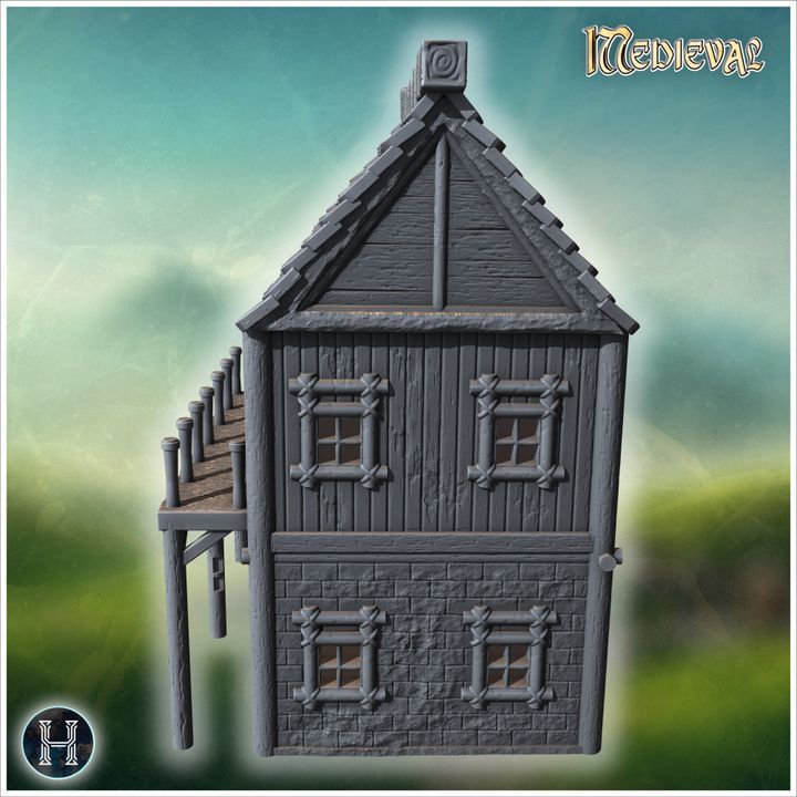 3D Printable Medieval wooden house with stone foundation, detailed ...