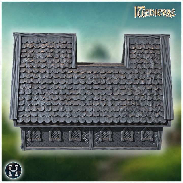3D Printable Long wooden hall with detailed roof shingles, arched ...