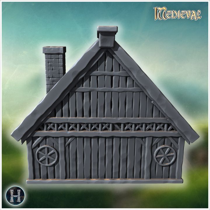 3D Printable Medieval timber-framed house with thatched roof, chimney ...