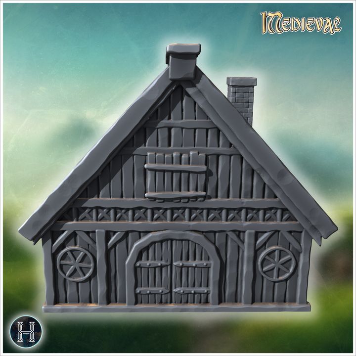 3D Printable Medieval timber-framed house with thatched roof, chimney ...