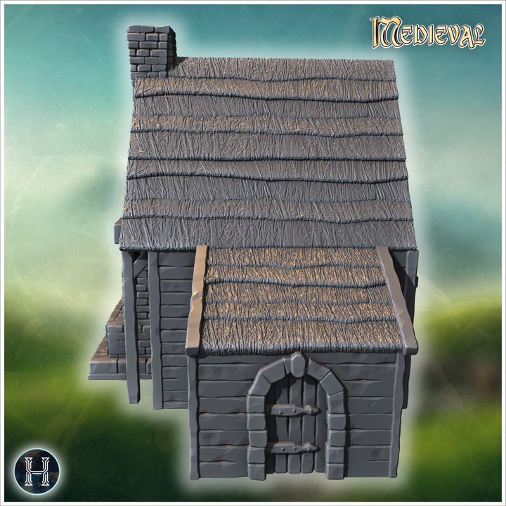 3D Printable Rural wooden house with stone fireplace, annex, and ...