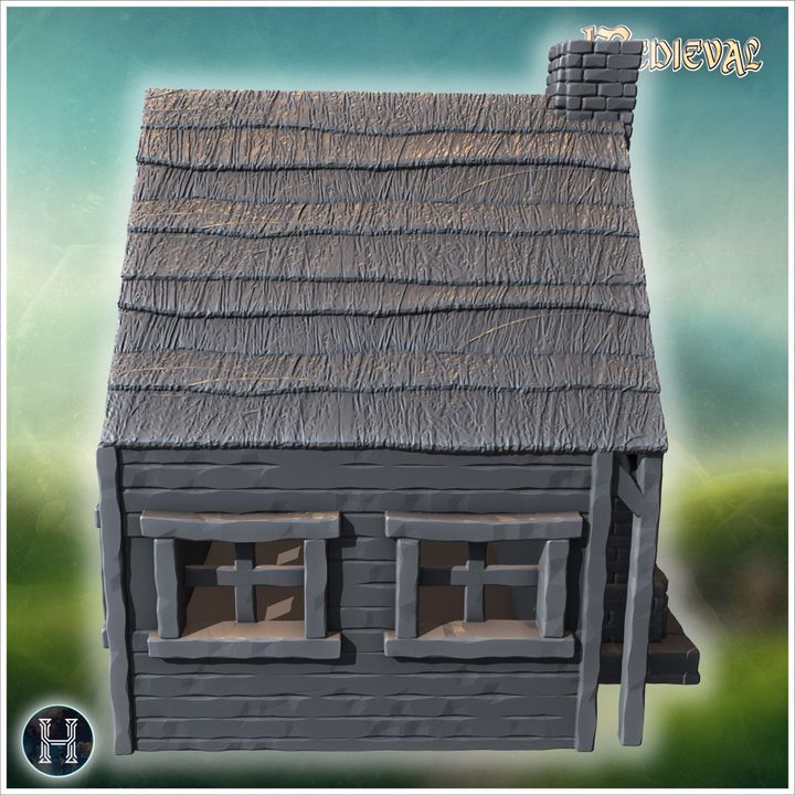 3D Printable Rural wooden house with stone fireplace, annex, and ...
