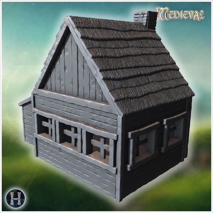 3D Printable Rural wooden house with stone fireplace, annex, and ...