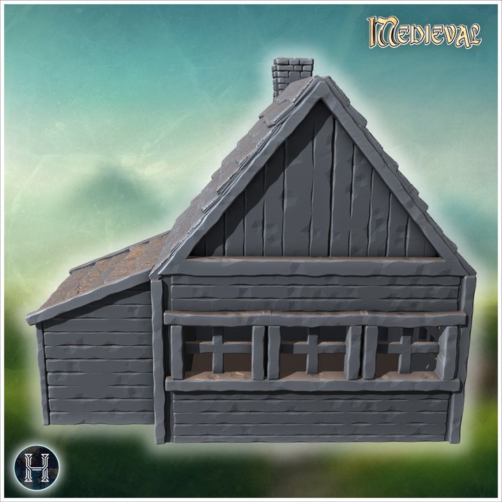 3D Printable Rural wooden house with stone fireplace, annex, and ...