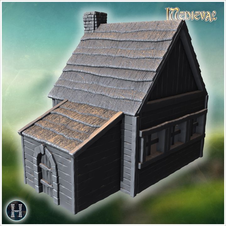 3D Printable Rural wooden house with stone fireplace, annex, and ...