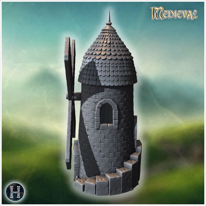 3D Printable Medieval stone windmill with large rotating blades, arched ...