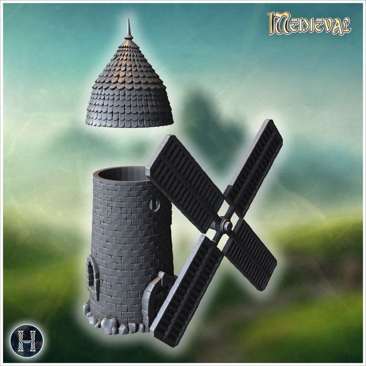 3D Printable Medieval stone windmill with large rotating blades, arched ...