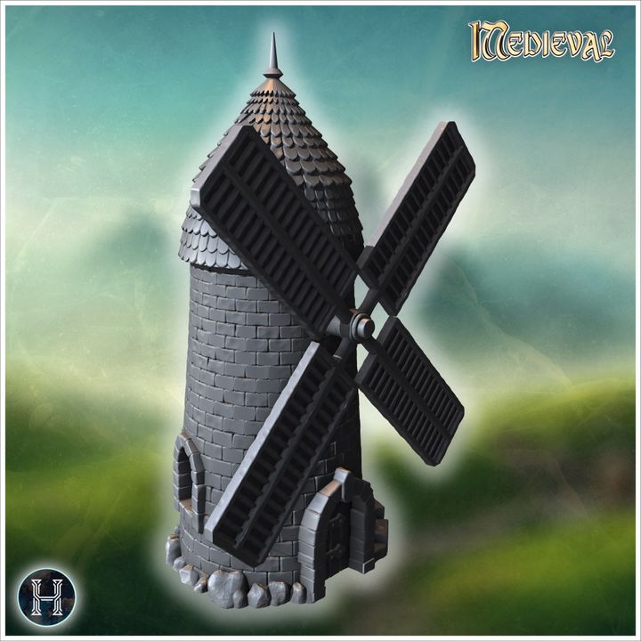 3D Printable Medieval stone windmill with large rotating blades, arched ...