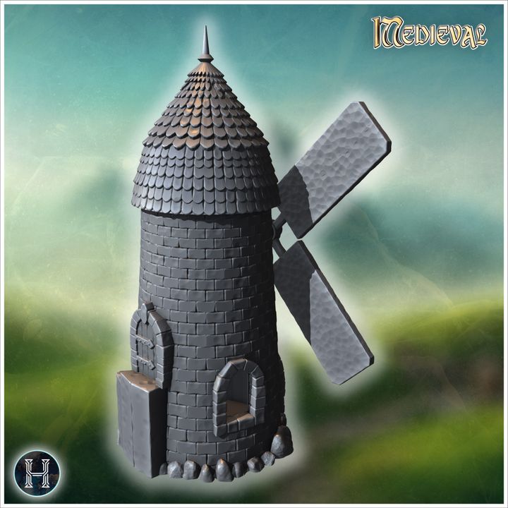 3D Printable Medieval stone windmill with large rotating blades, arched ...