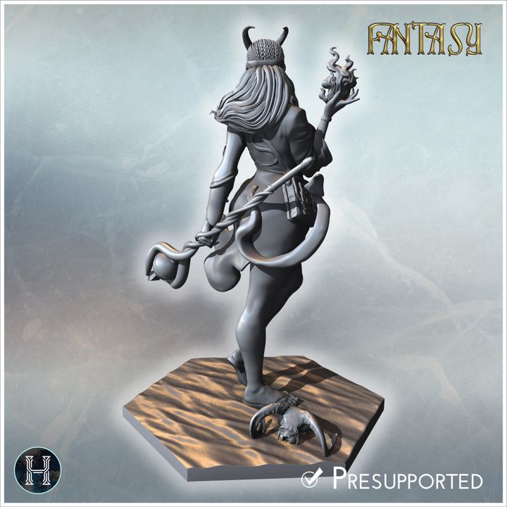 3D Printable Succubus with horns and flowing hair holding a flame ...