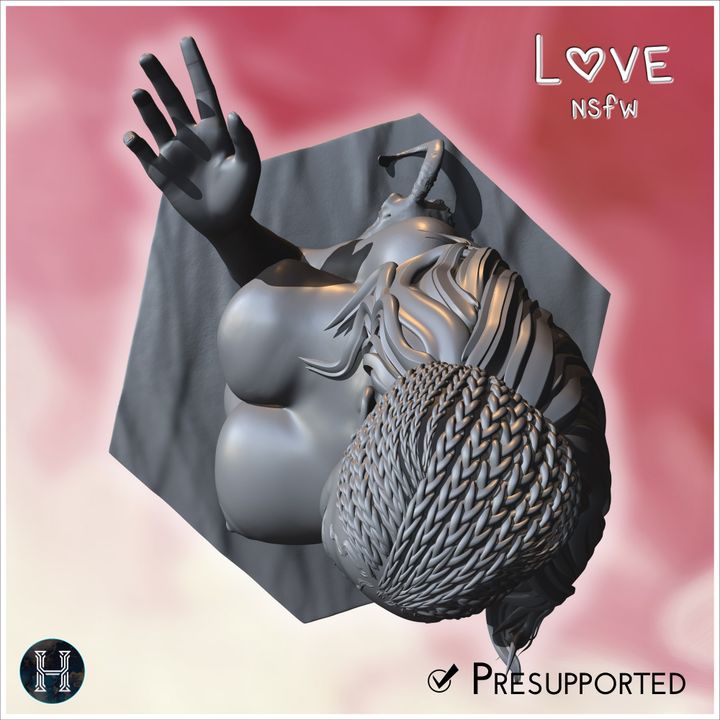 3D Printable Nude succubus standing gracefully with horns and flame, posed on sandy hexagonal ...