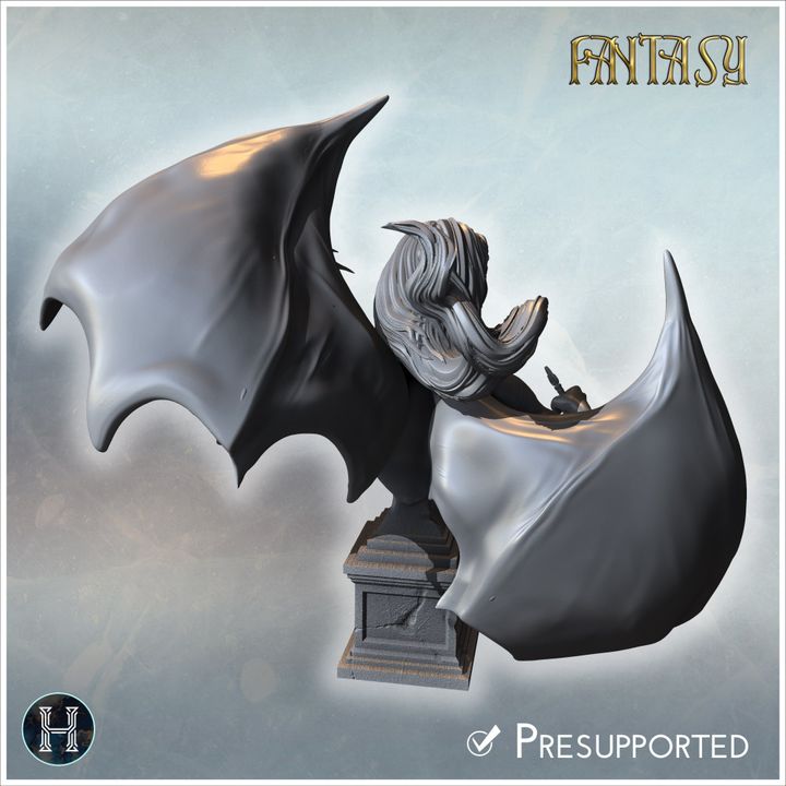 3D Printable Bat-winged vampire woman with talons, spread wings, and ...