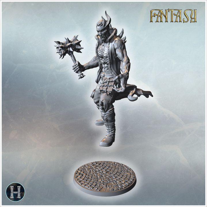 3D Printable Horned demon warrior wielding a spiked mace, muscular ...