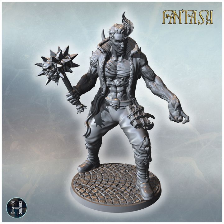 3D Printable Horned demon warrior wielding a spiked mace, muscular ...