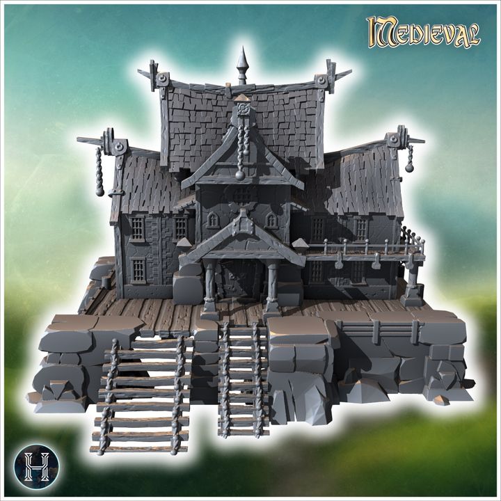 3D Printable Large pirate building on rocky cliffs with multiple ...