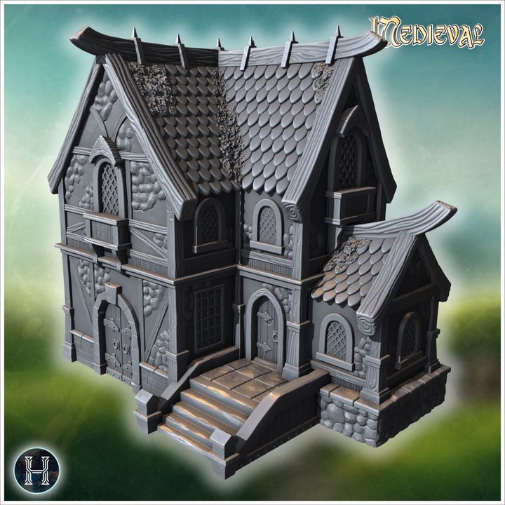 3D Printable Haunted house with steep tiled roofs, wooden balconies ...