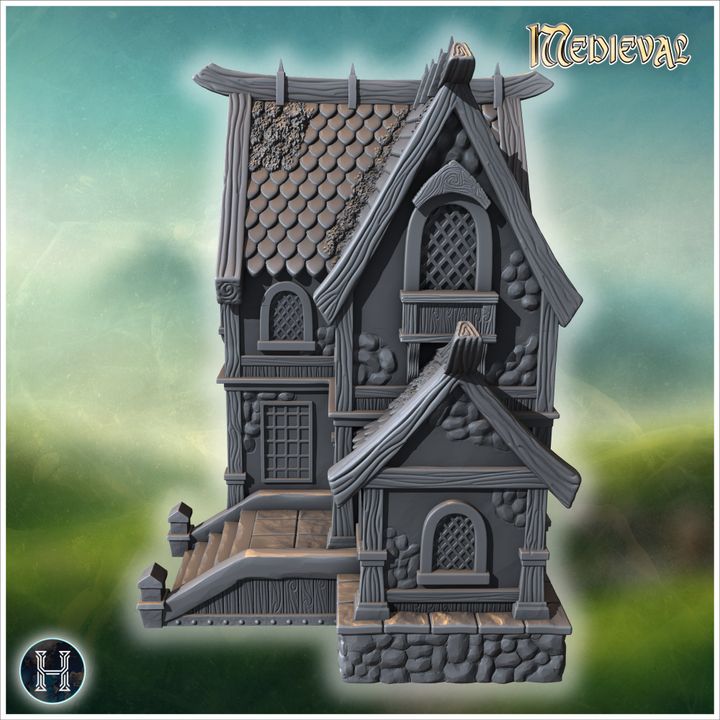 3D Printable Haunted house with steep tiled roofs, wooden balconies ...