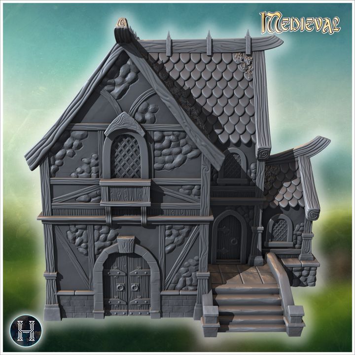 3D Printable Haunted house with steep tiled roofs, wooden balconies ...