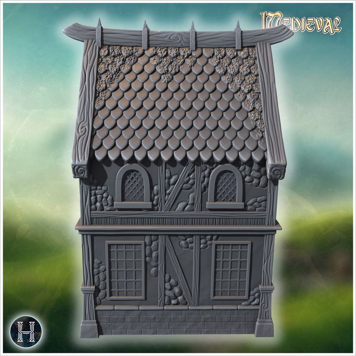 3D Printable Haunted house with steep tiled roofs, wooden balconies ...