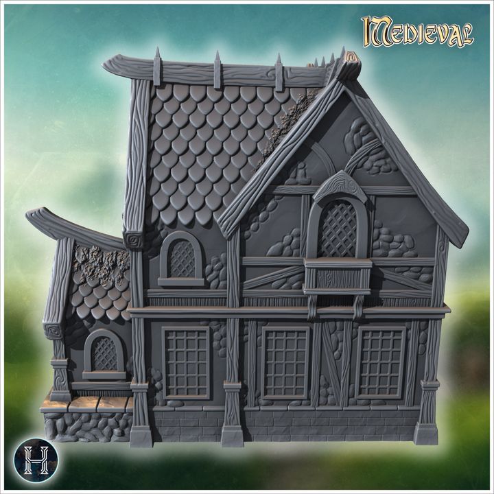 3D Printable Haunted house with steep tiled roofs, wooden balconies ...