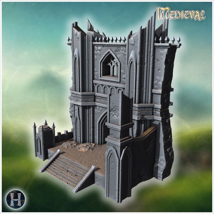 3D Printable Gothic ruins with tall spires, arched windows, crumbling ...