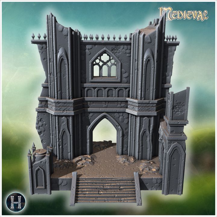 3D Printable Gothic ruins with tall spires, arched windows, crumbling ...