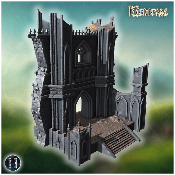 3D Printable Gothic ruins with tall spires, arched windows, crumbling ...