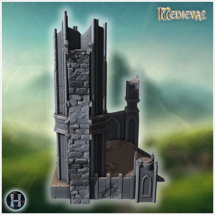 3D Printable Gothic ruins with tall spires, arched windows, crumbling ...
