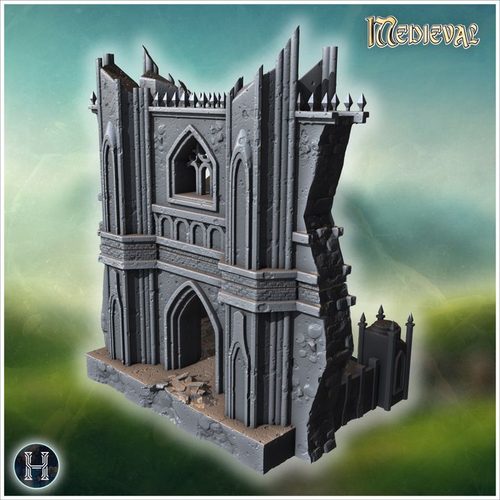 3D Printable Gothic ruins with tall spires, arched windows, crumbling ...