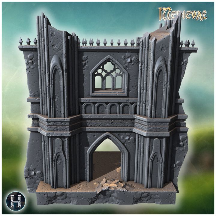 3D Printable Gothic ruins with tall spires, arched windows, crumbling ...
