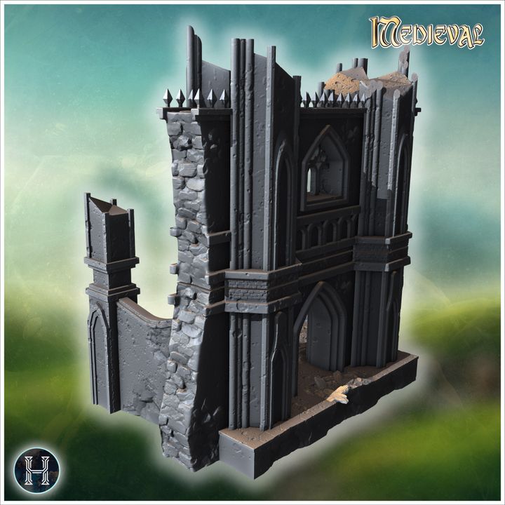 3D Printable Gothic ruins with tall spires, arched windows, crumbling ...