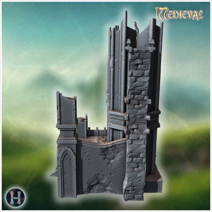 3D Printable Gothic ruins with tall spires, arched windows, crumbling ...