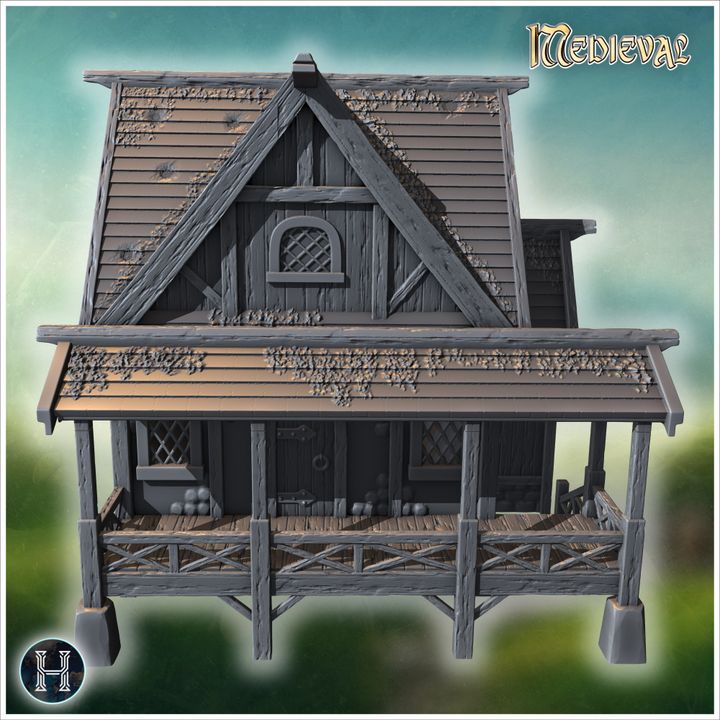 3D Printable Rustic wooden cabin with wide porch, worn planks, and ...