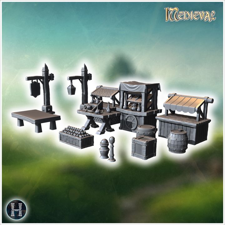 3D Printable Market stalls with crates, barrels, lantern posts, wooden ...