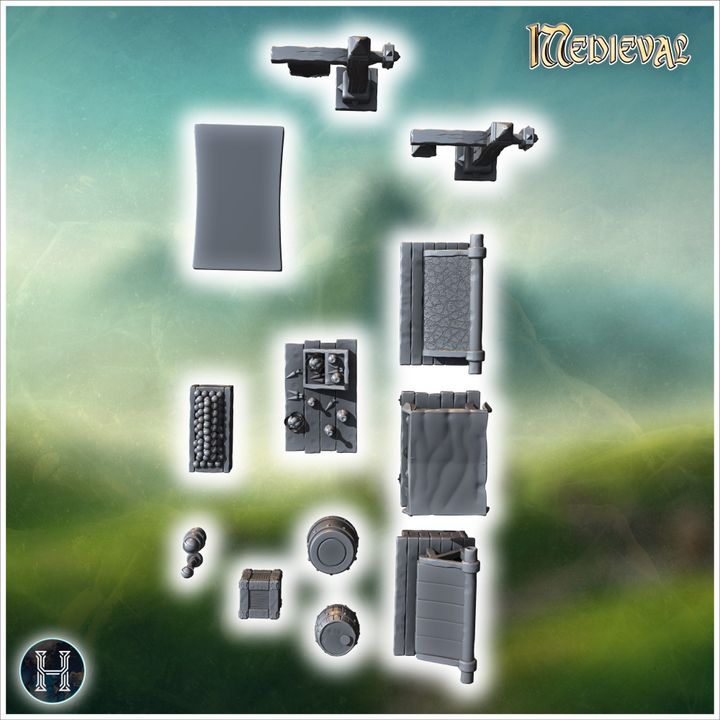 3D Printable Market stalls with crates, barrels, lantern posts, wooden ...