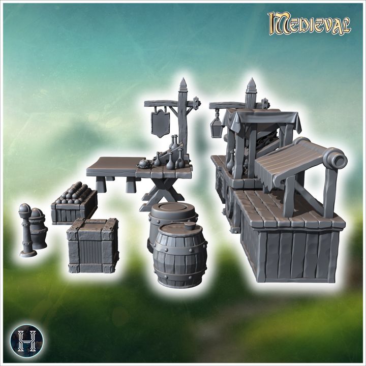 3D Printable Market stalls with crates, barrels, lantern posts, wooden ...