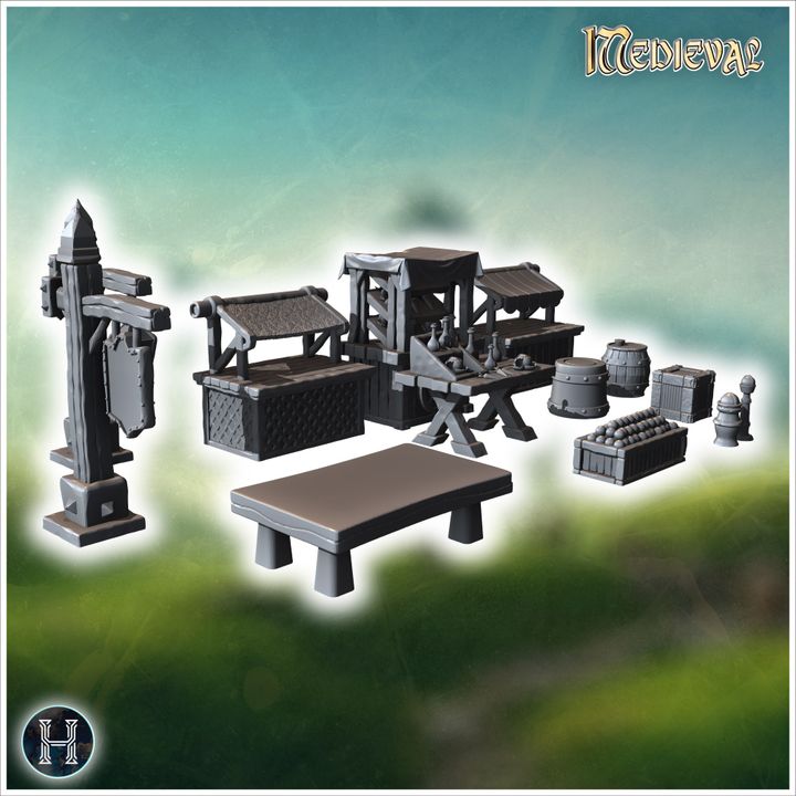 3D Printable Market stalls with crates, barrels, lantern posts, wooden ...