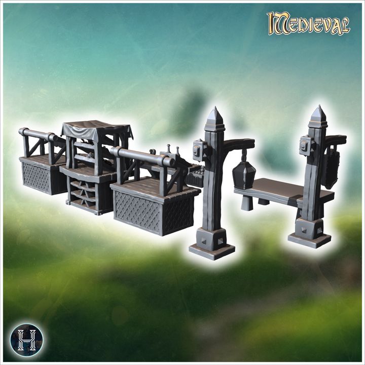 3D Printable Market stalls with crates, barrels, lantern posts, wooden ...