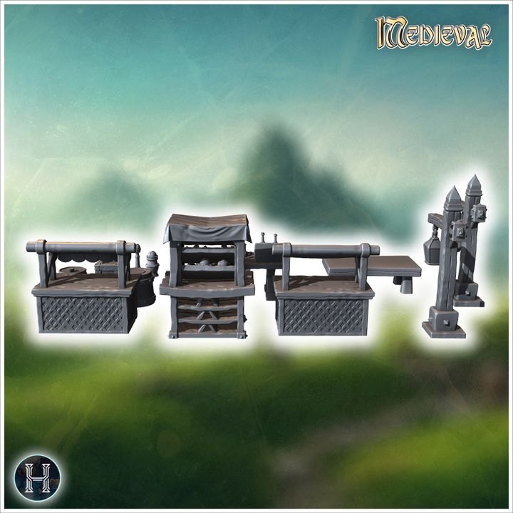 3D Printable Market stalls with crates, barrels, lantern posts, wooden ...