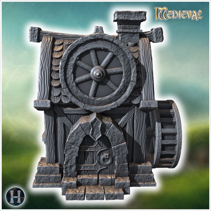 3D Printable Watermill with large wooden wheel, stone foundation ...