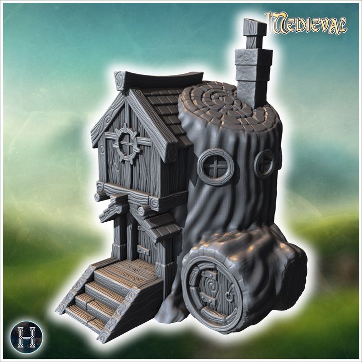 3D Printable Fantasy treehouse with wooden stairs, circular door ...