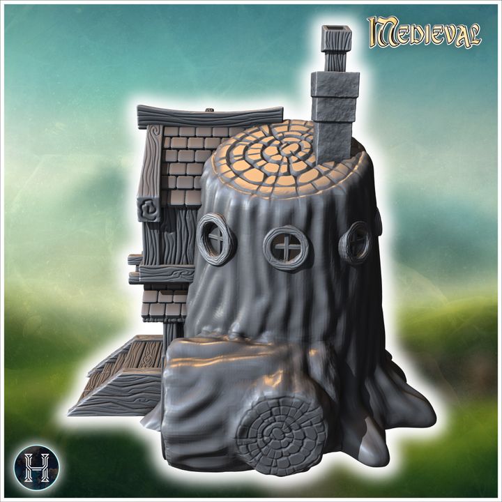 3D Printable Fantasy treehouse with wooden stairs, circular door ...