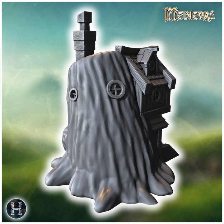 3D Printable Fantasy treehouse with wooden stairs, circular door ...