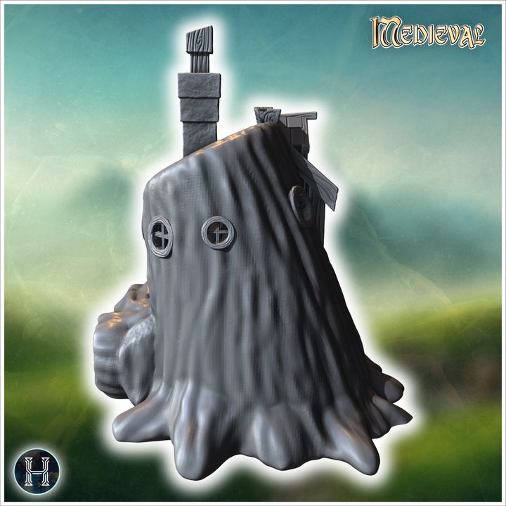 3D Printable Fantasy treehouse with wooden stairs, circular door ...