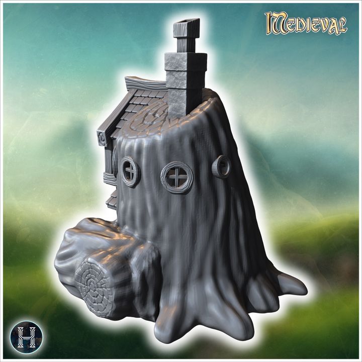 3D Printable Fantasy treehouse with wooden stairs, circular door ...